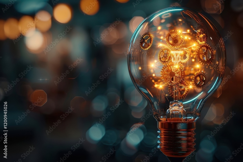 Conceptual illustration of a mechanical light bulb with visible gears ...