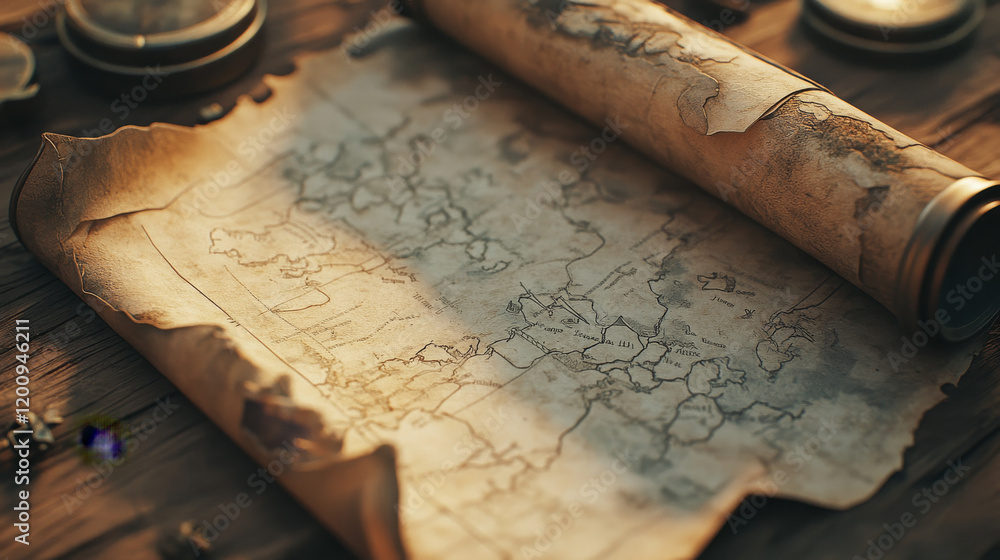 Ilustración de Stock Cartoon pirate vintage paper scroll, ancient manuscript, old treasure map ...