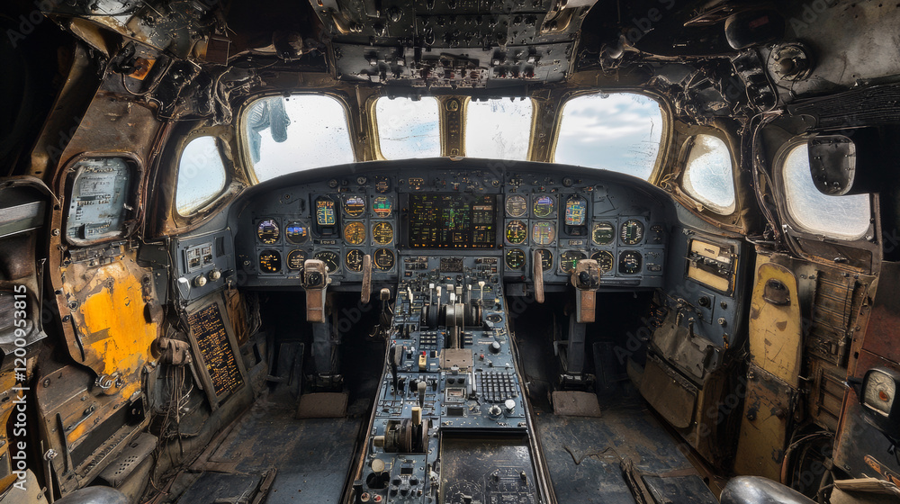 Airplane cockpit, pilot cabin interior with flight deck dashboard with ...
