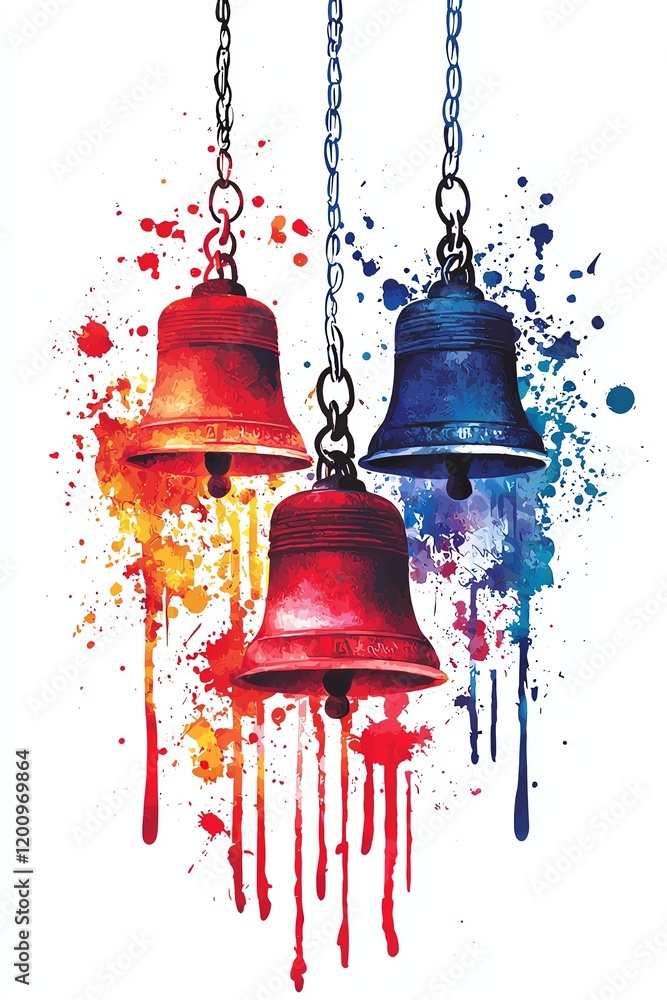 Vibrant watercolor design of liberty bells and colonial symbols, paint ...