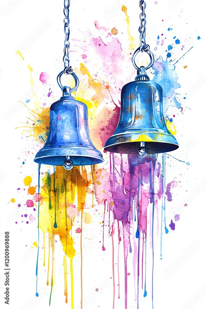 Vibrant watercolor design of liberty bells and colonial symbols, paint ...