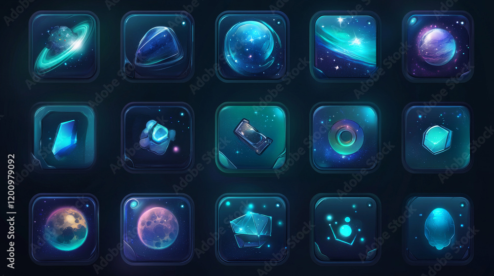 Cartoon space game app icons with comets and planets, mobile ...
