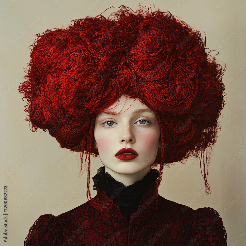 An artistic portrait of a woman with an intricate red yarn hairstyle ...