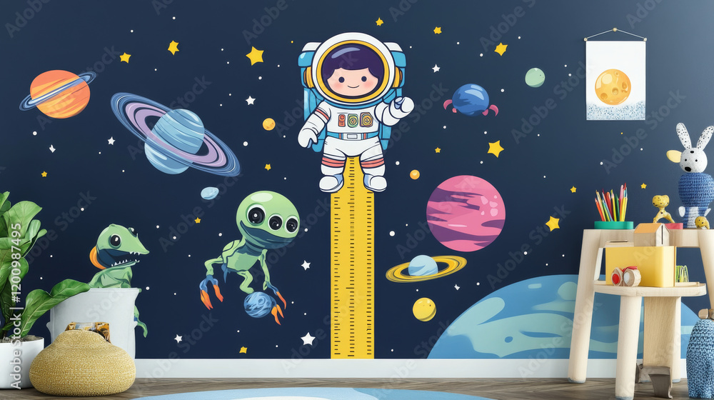 Ilustración de Stock Kids height chart with cartoon astronaut on planet ...