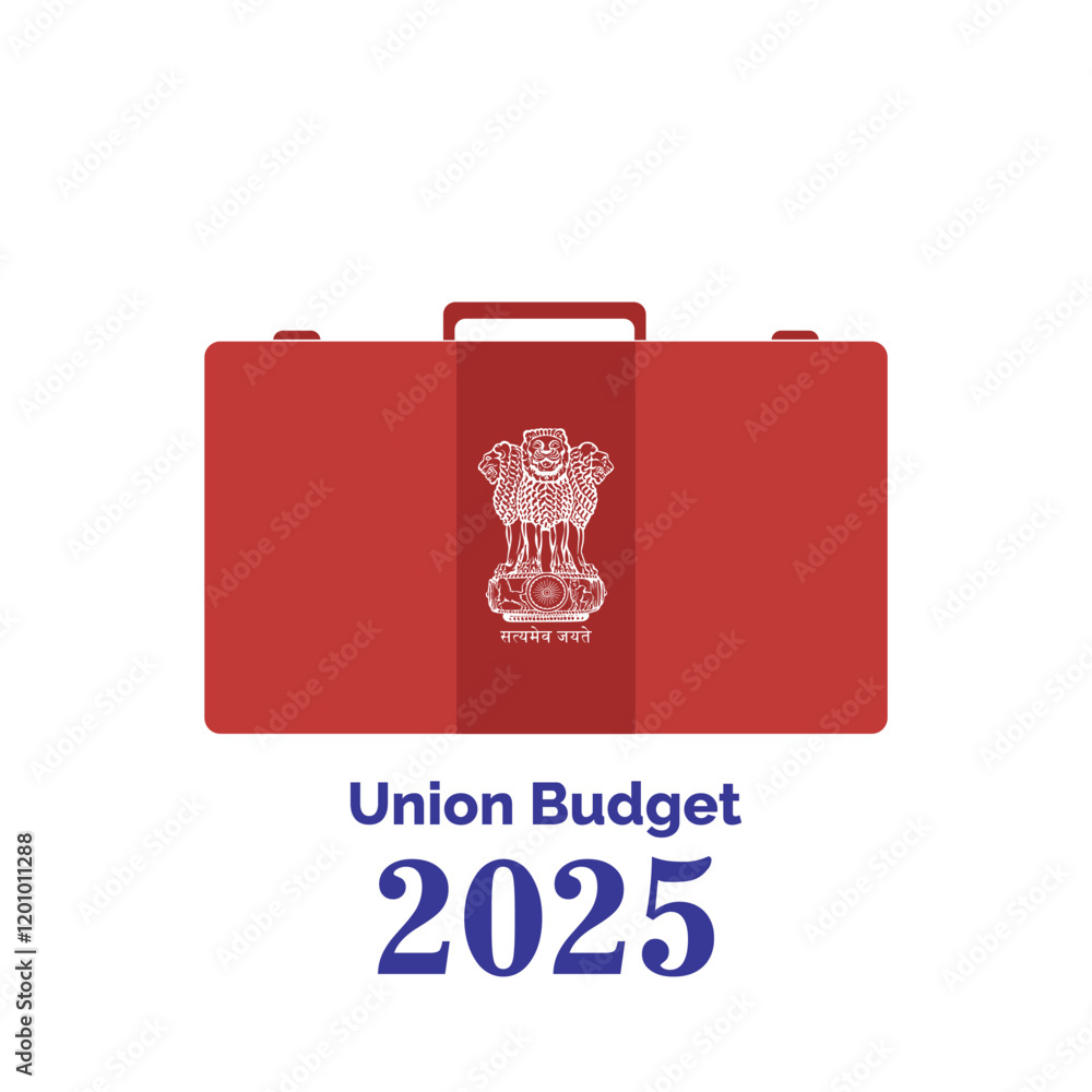 Union Budget 2025 India. Red suitcase and national emblem of India ...