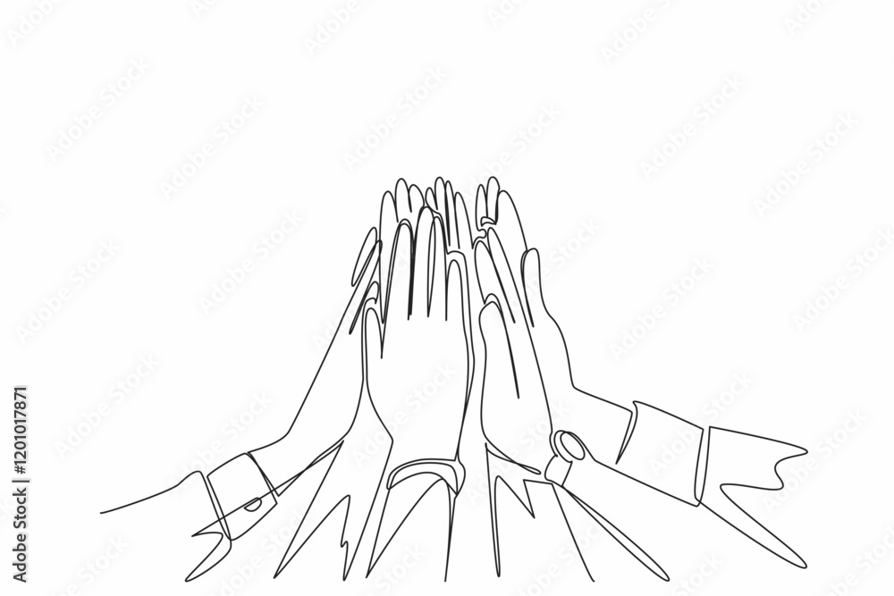 Single continuous line drawing some hands doing high five. Solid ...