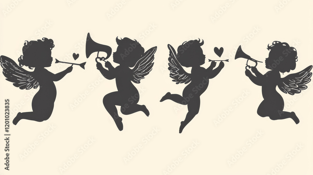 Cherub cupid silhouettes, angels with love arrows and bows or blowing ...