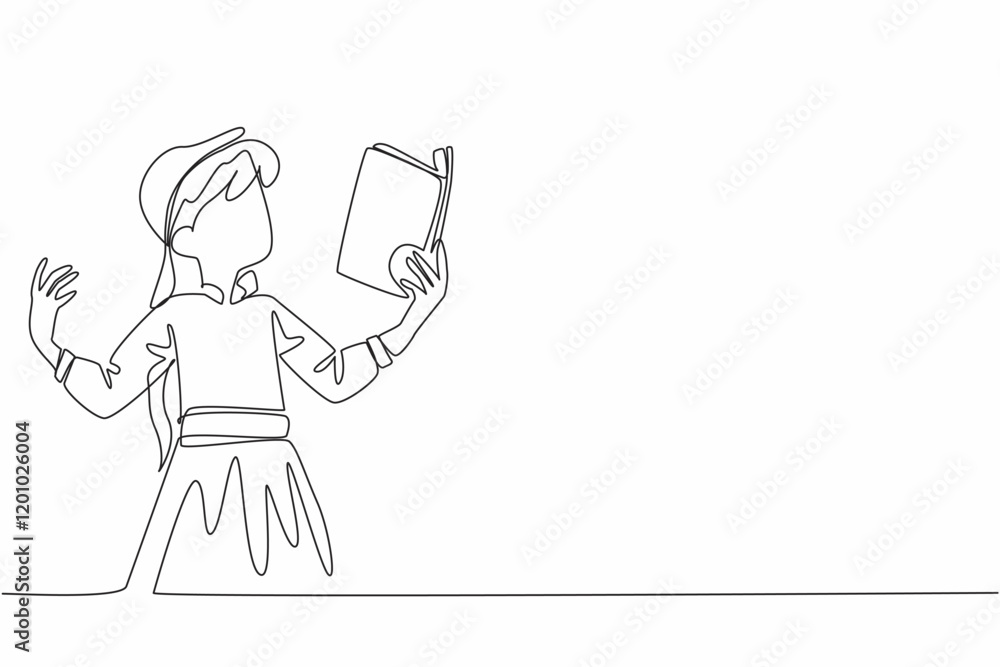Continuous one line drawing a girl reading a book or poem with an ...