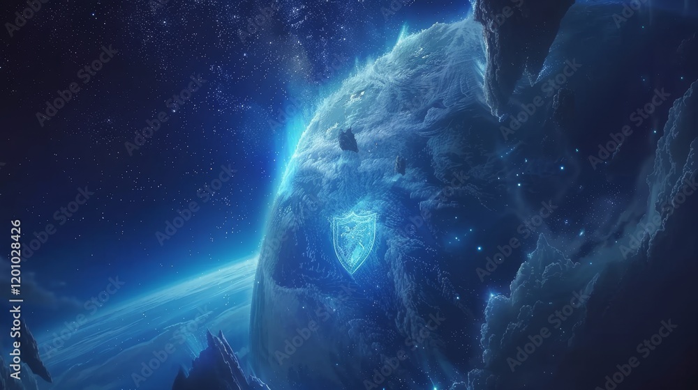 Stylized shield icon in space representing protection and security with ...