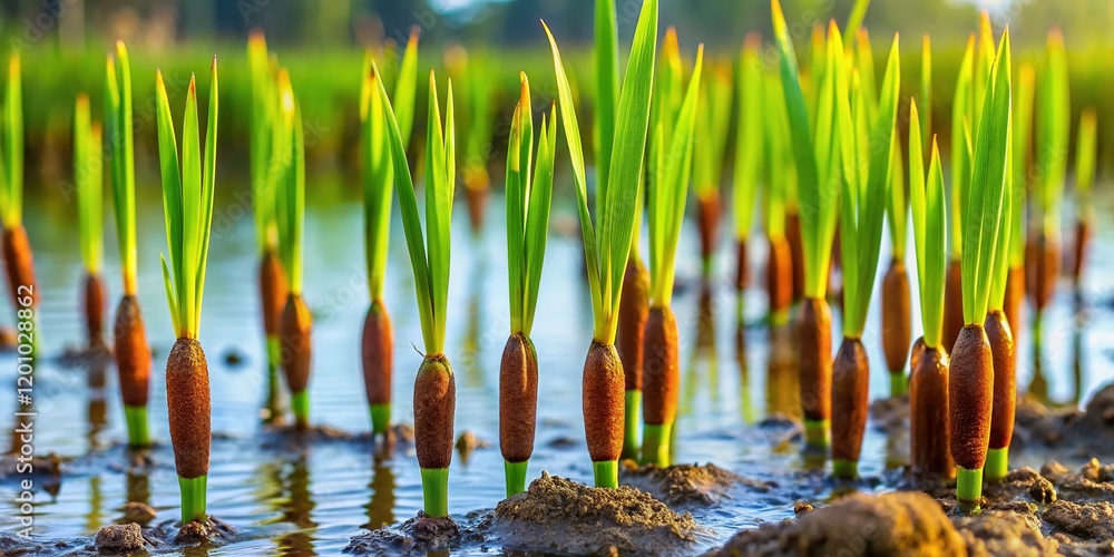 Young Cattail Plants Emerging in Swamp, Typha Angustifolia, Monocot ...