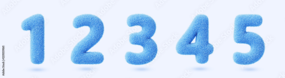 3d blue fur fluffy font numbers from 1 to 5. Furry or soft wool felt ...