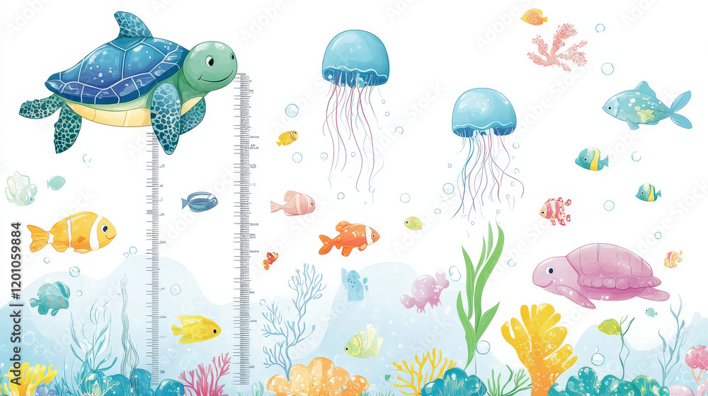 Ilustración de Stock Kids height chart with underwater cartoon sea ...