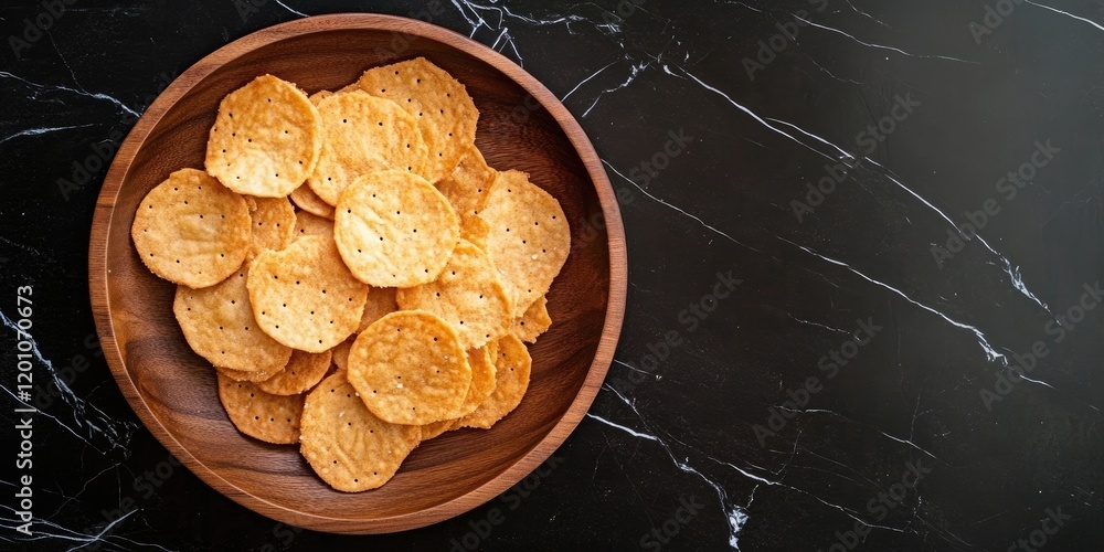 Indonesian kerupuk crackers arranged in a round wooden plate centered ...