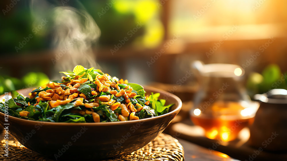 Burmese fermented tea leaf salad (Laphet Thoke) with fresh toppings, shot in a warm, traditional ...