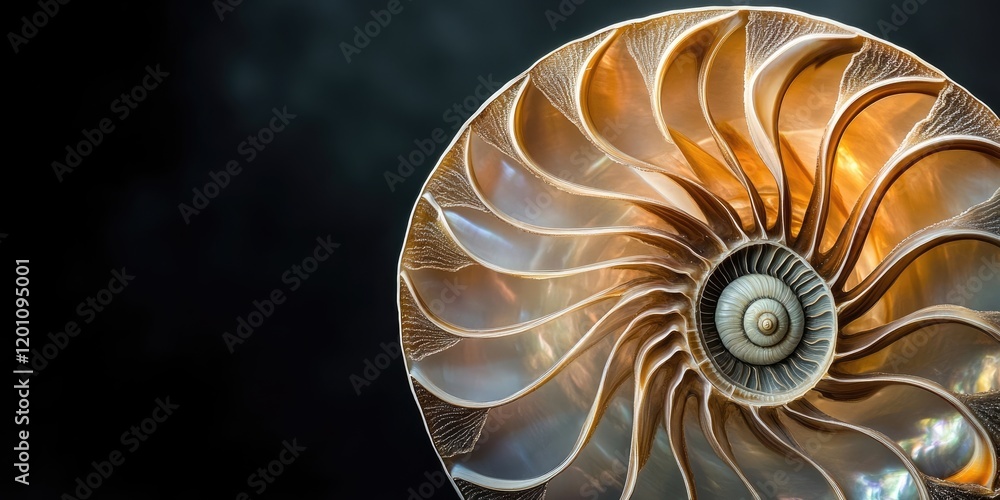 Nautilus shell cross-section showcasing golden ratio with spiral ...