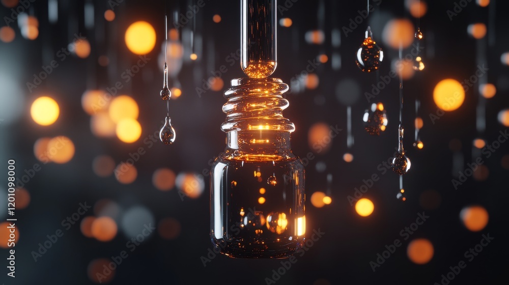 107.A microscopic view of glowing serum drops descending into layers of ...