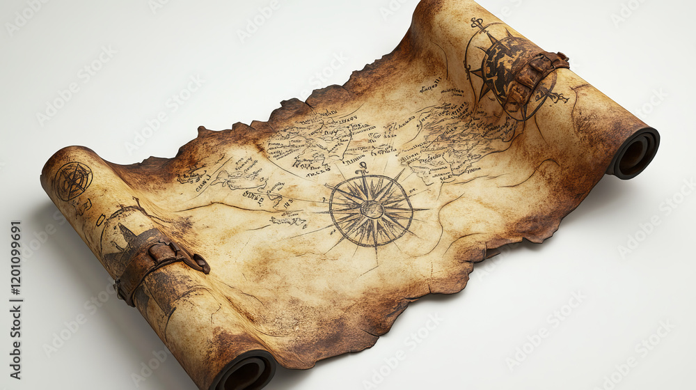 Cartoon pirate vintage paper scroll, old treasure map parchment ...