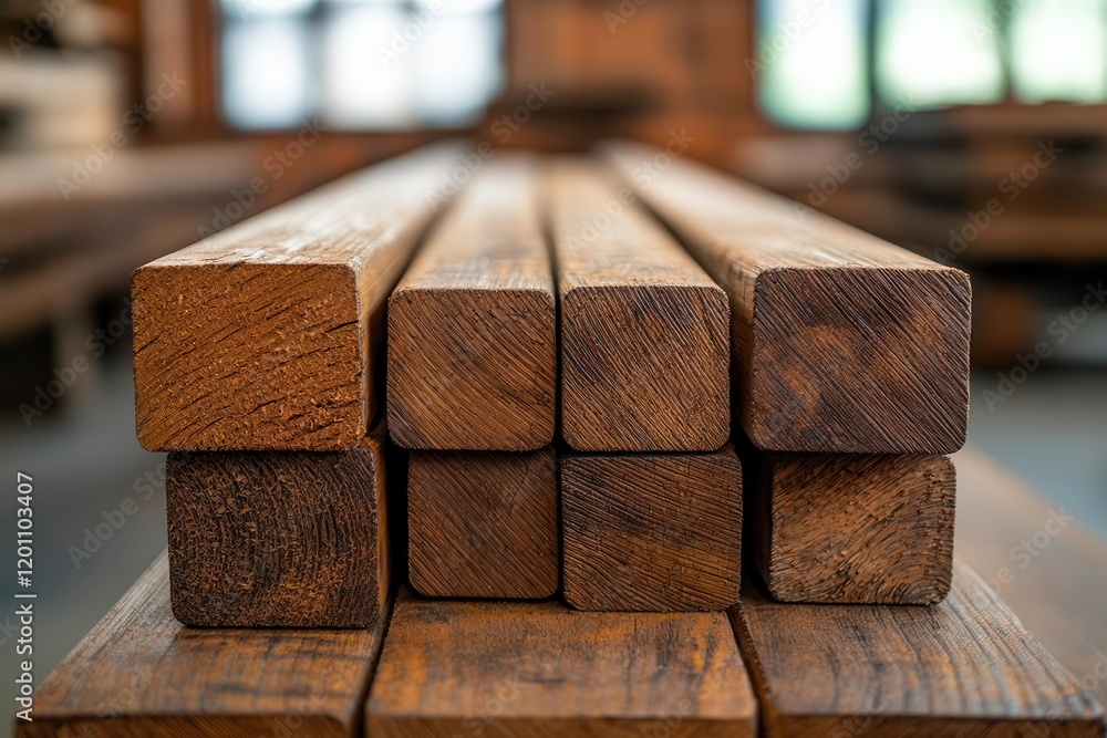 sustainable home concept. Reclaimed wood beams treated with eco ...