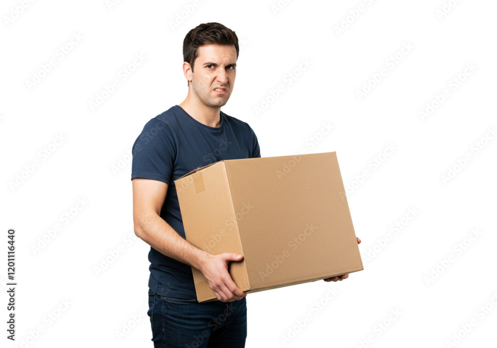 Frustrated Man Holding Heavy Cardboard Box Delivery Male Tired Angry ...