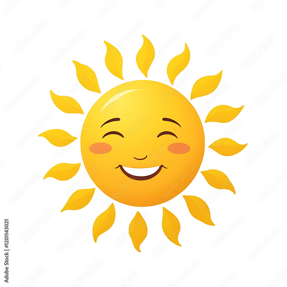A cheerful, smiling cartoon sun with rosy cheeks and rounded rays is ...