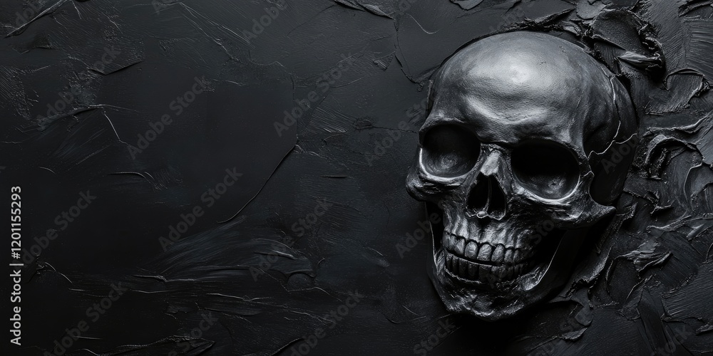 Black charcoal backdrop featuring a detailed skull positioned on the ...