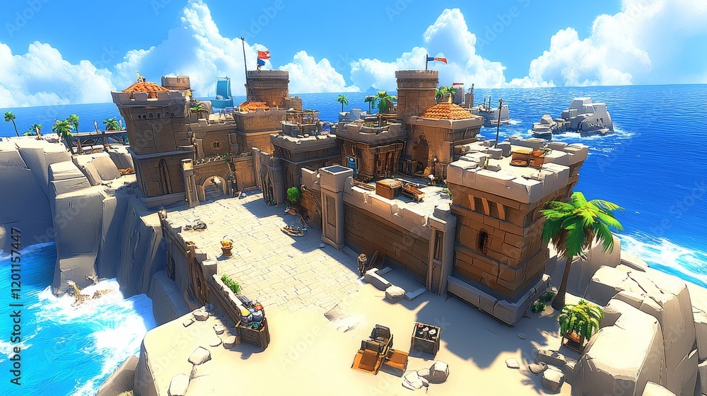 Coastal Fortified Settlement A Sun-Drenched Island Bastion with Ships ...