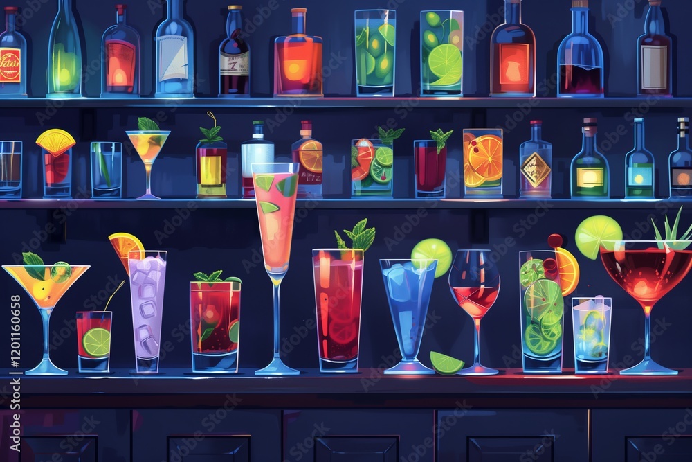 Colorful cocktails and spirits arranged neatly on a bar shelf, vibrant ...