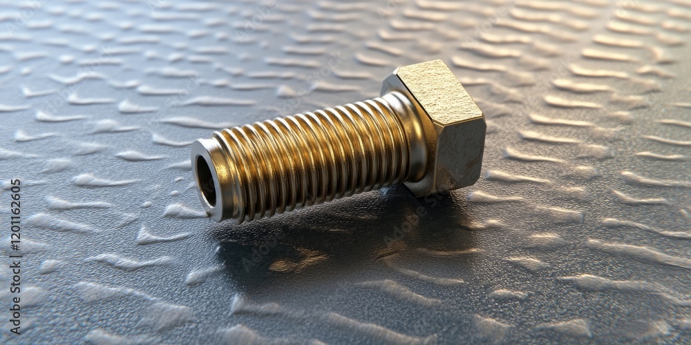 Metal bolt resting on a textured gray plastic surface casting soft ...