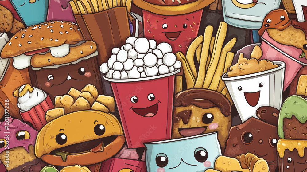 Word search puzzle game, cartoon fast food and desserts characters ...