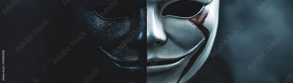 A striking image depicting a split face, one side dark and sinister ...