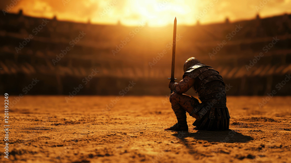 Lone Gladiator Kneeling on Sandy Floor of Ancient Arena at Sunset Stock ...