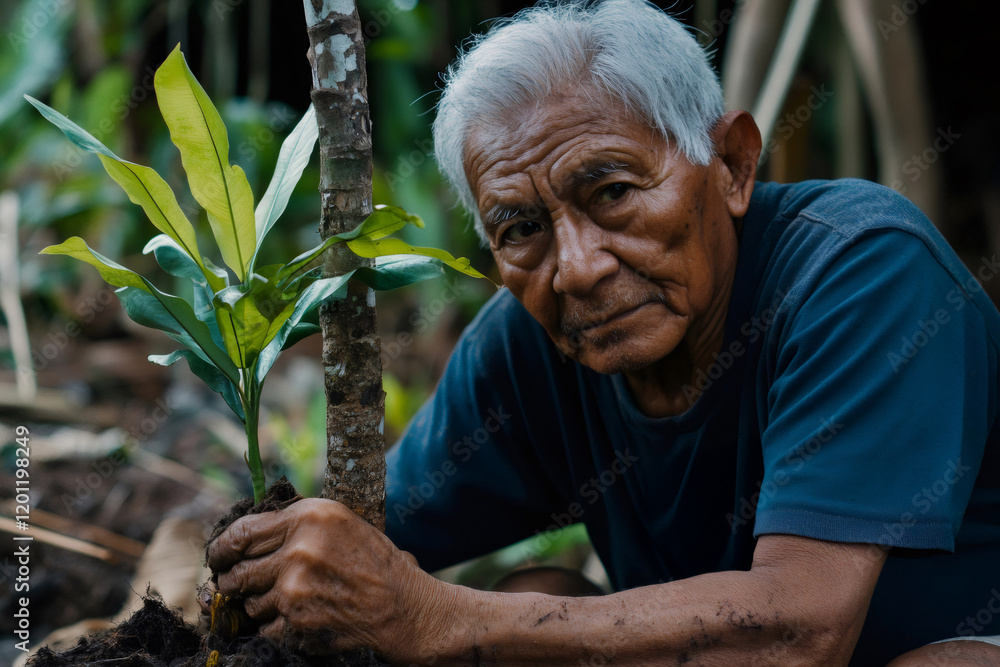 Elderly farmer planting a small tree in the Amazon rainforest ...