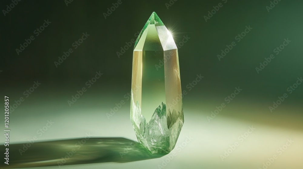 Crystal light bulb illuminated on a soft green gradient background ...