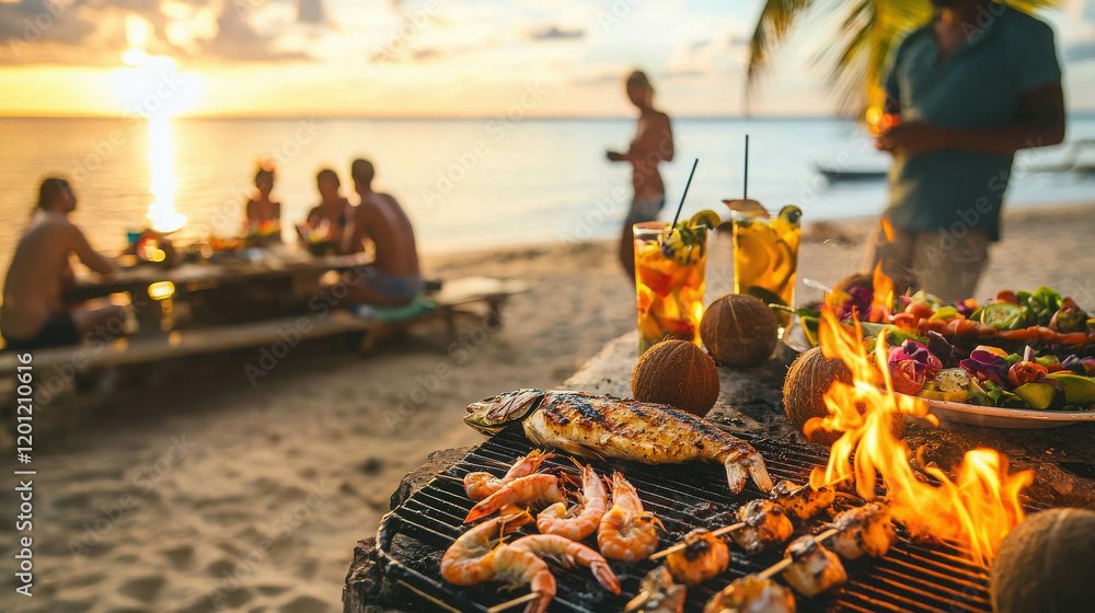 Tropical Island Barbecue in Fiji Featuring Fresh Fish and Vibrant ...