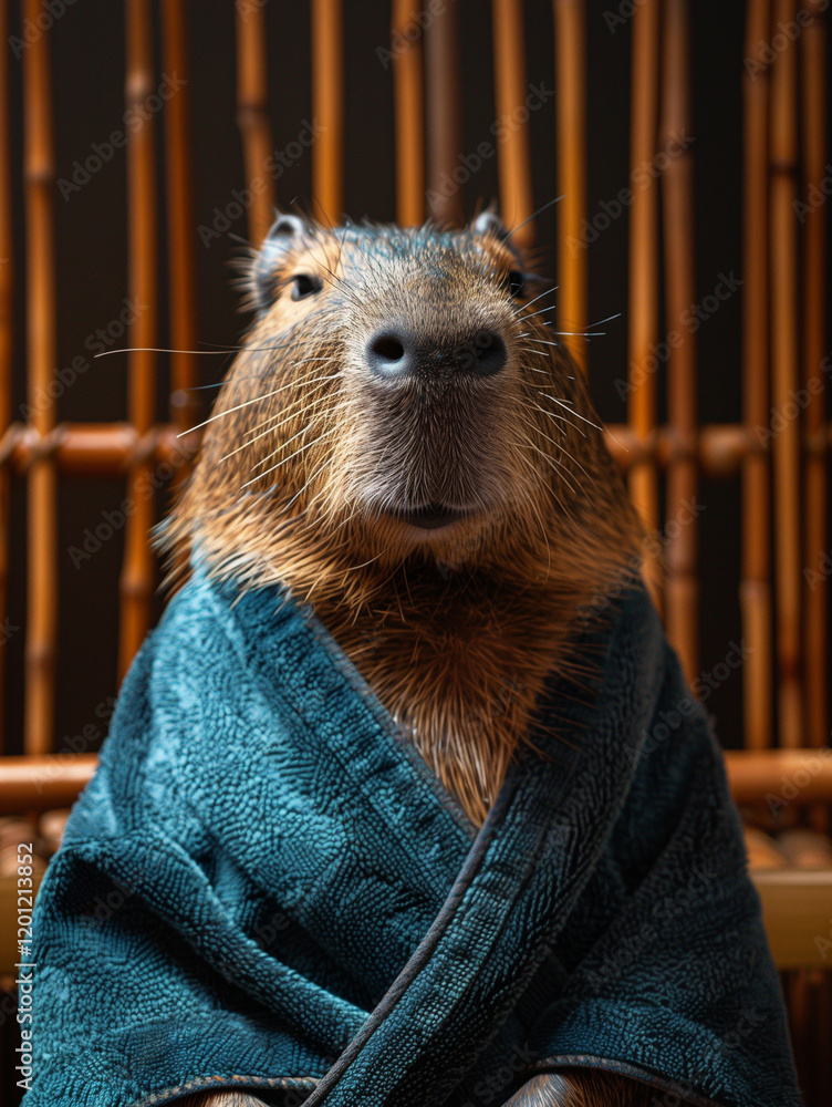 Relaxed Capybara in a Spa Wellness Robe with Bamboo Backdrop Stock ...