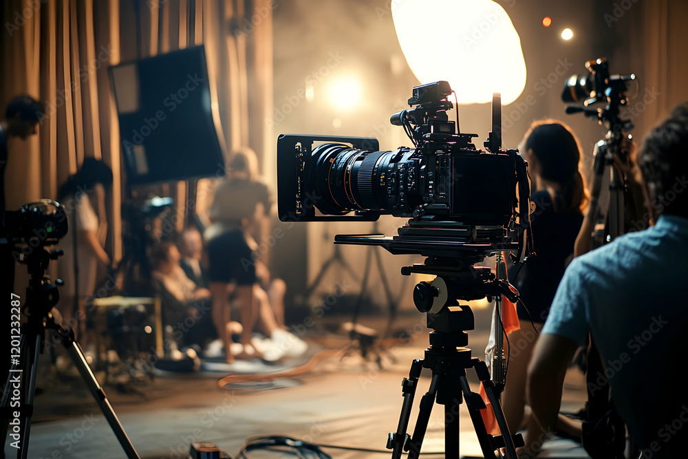 Movie production team working on set with camera equipment and director ...