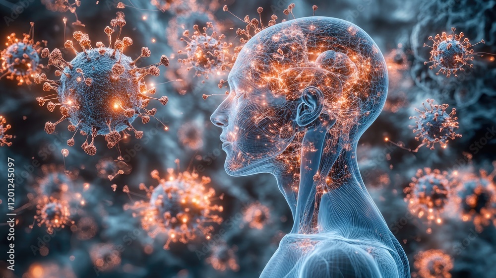 Стоковая иллюстрация «Human head with digital connections and viruses ...