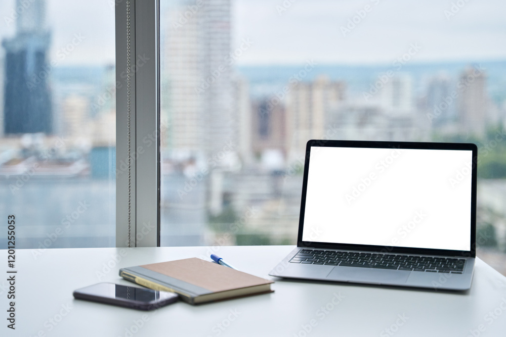 Open laptop mock up screen on work table, modern computer technology ...