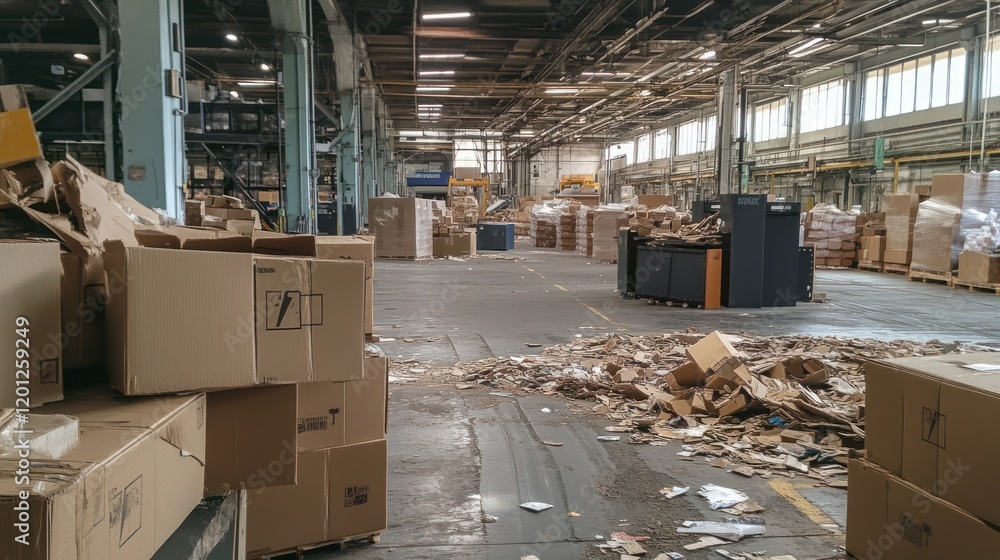 Spacious warehouse interior with stacked cardboard boxes and discarded ...