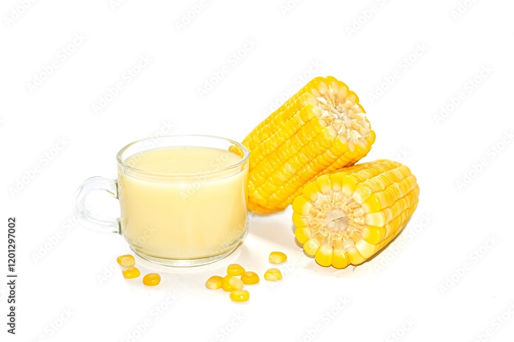 Special menu with sweet corn milk serving on white background and ...