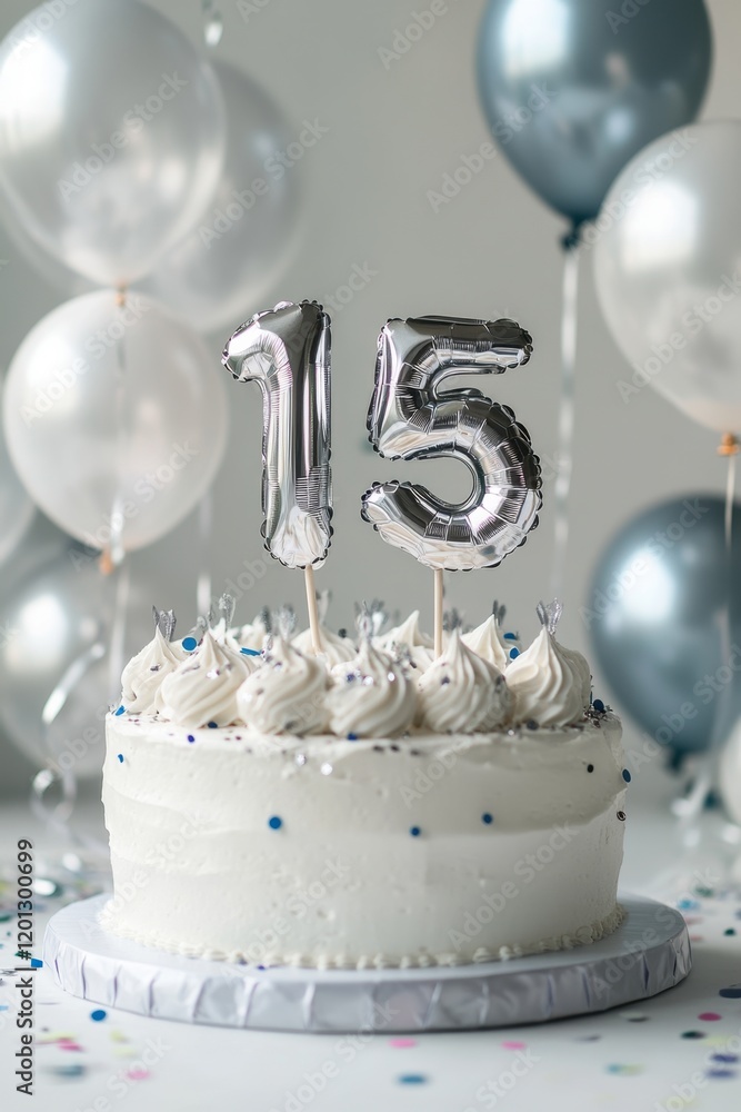 Celebration of 15th Birthday with Silver Balloon Numbers on Cake ...
