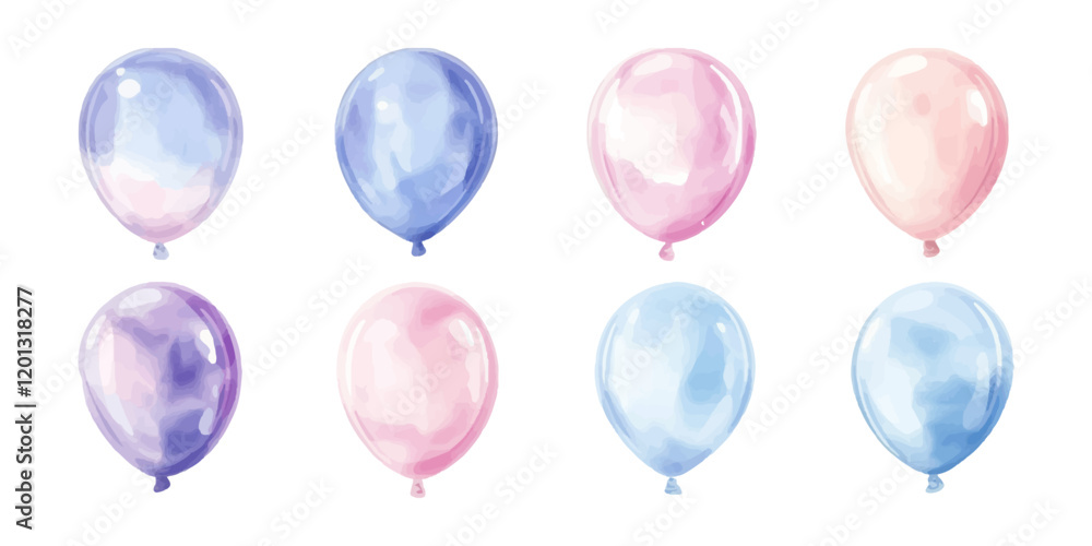 Watercolor pastel-colored balloons set, hand-drawn vector illustration ...