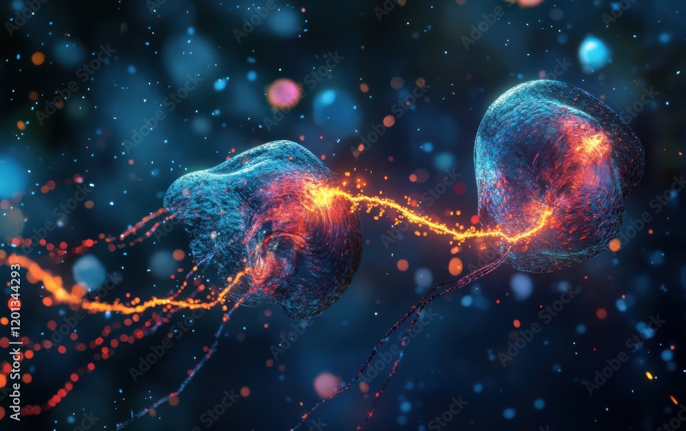 A detailed illustration of two white blood cells with prion virus ...