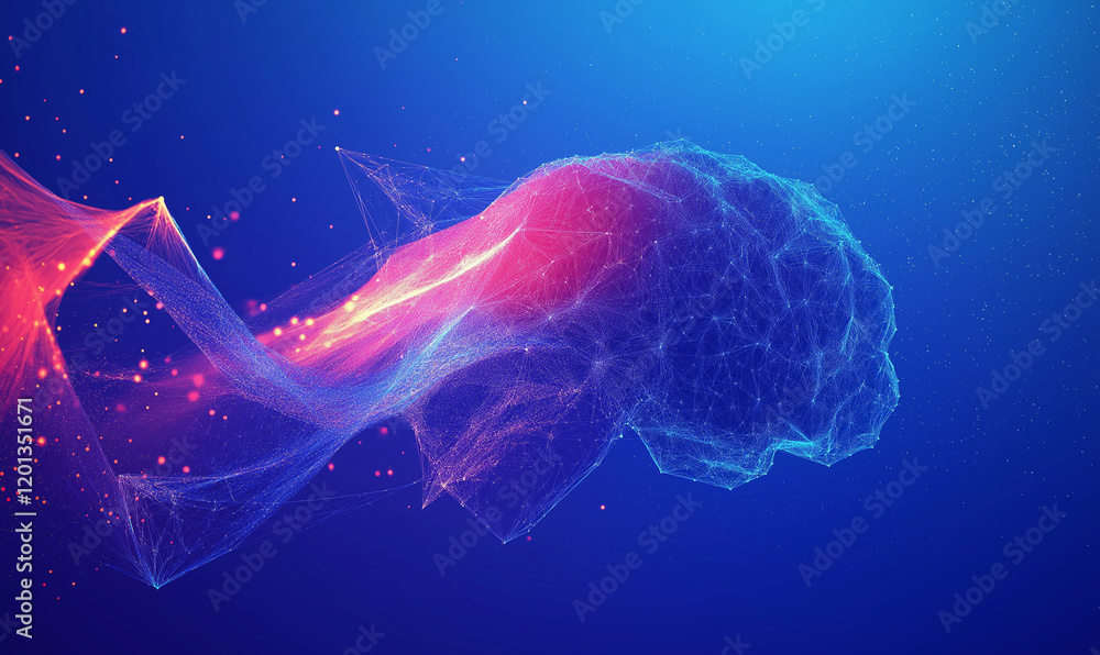 Abstract digital brain representation with glowing blue lines and nodes, symbolizing AI, neural ...