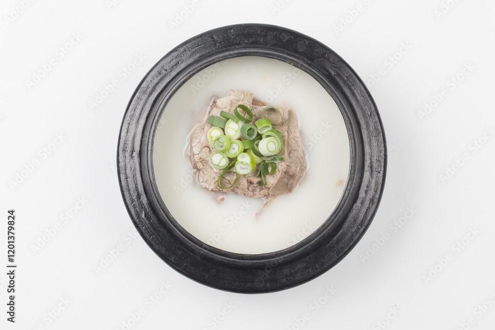 Soup made by boiling the head, intestines, bones, feet, and ox of a cow ...