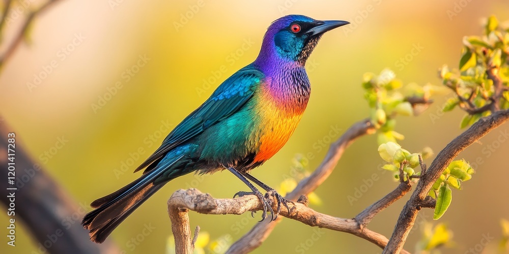 Stunning bird, the splendid Starling, showcases its vibrant colors in a ...