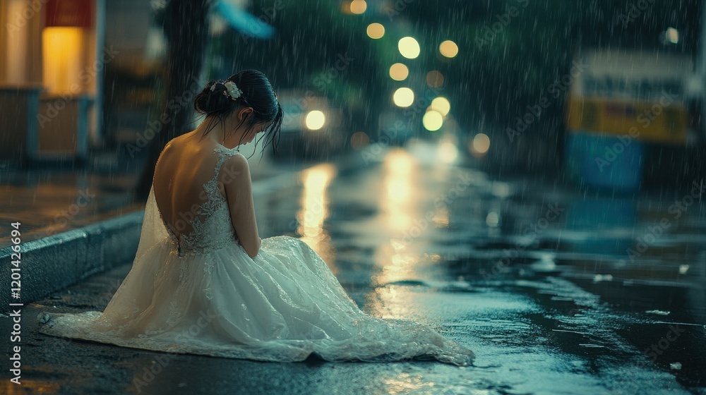 Sad beautiful Young bride sitting on street in wedding day,crying with ...