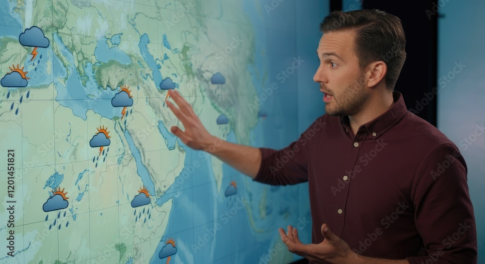 Young man explaining weather forecast in front of large map, featuring ...
