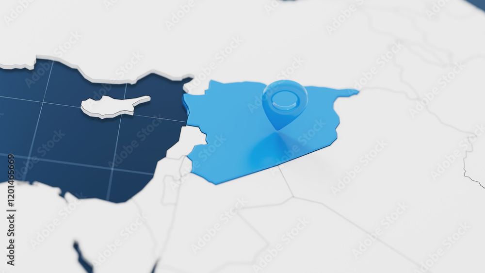 Blue Syria 3d map with pointer pin surrounded with other countries in ...