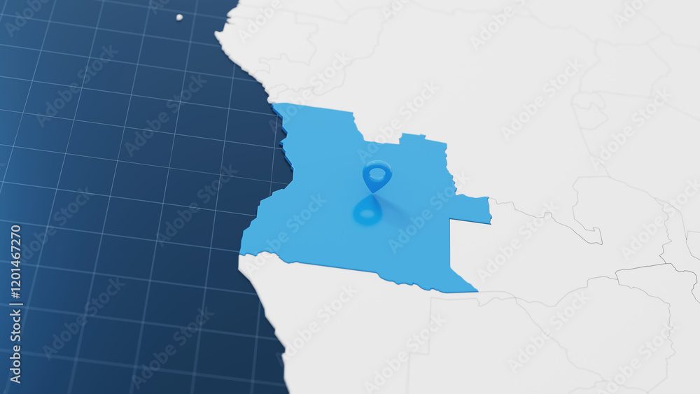 Blue Angola 3d map with pointer pin surrounded with other countries in ...